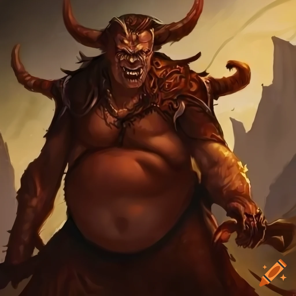 Illustration of a fat brown devil in a fantasy landscape on Craiyon