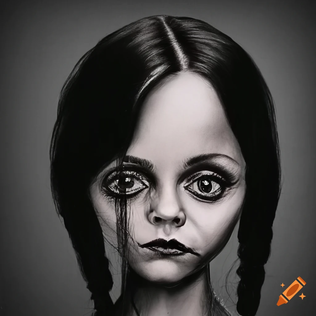 Portrait of a beautiful Wednesday Addams with large eyes on Craiyon