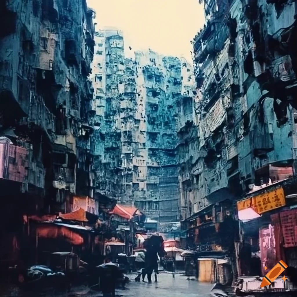 Black and white photo of kowloon walled city in 1970s on Craiyon