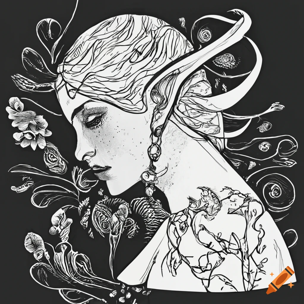 Detailed black and white ink drawing of an ethereal elf on Craiyon