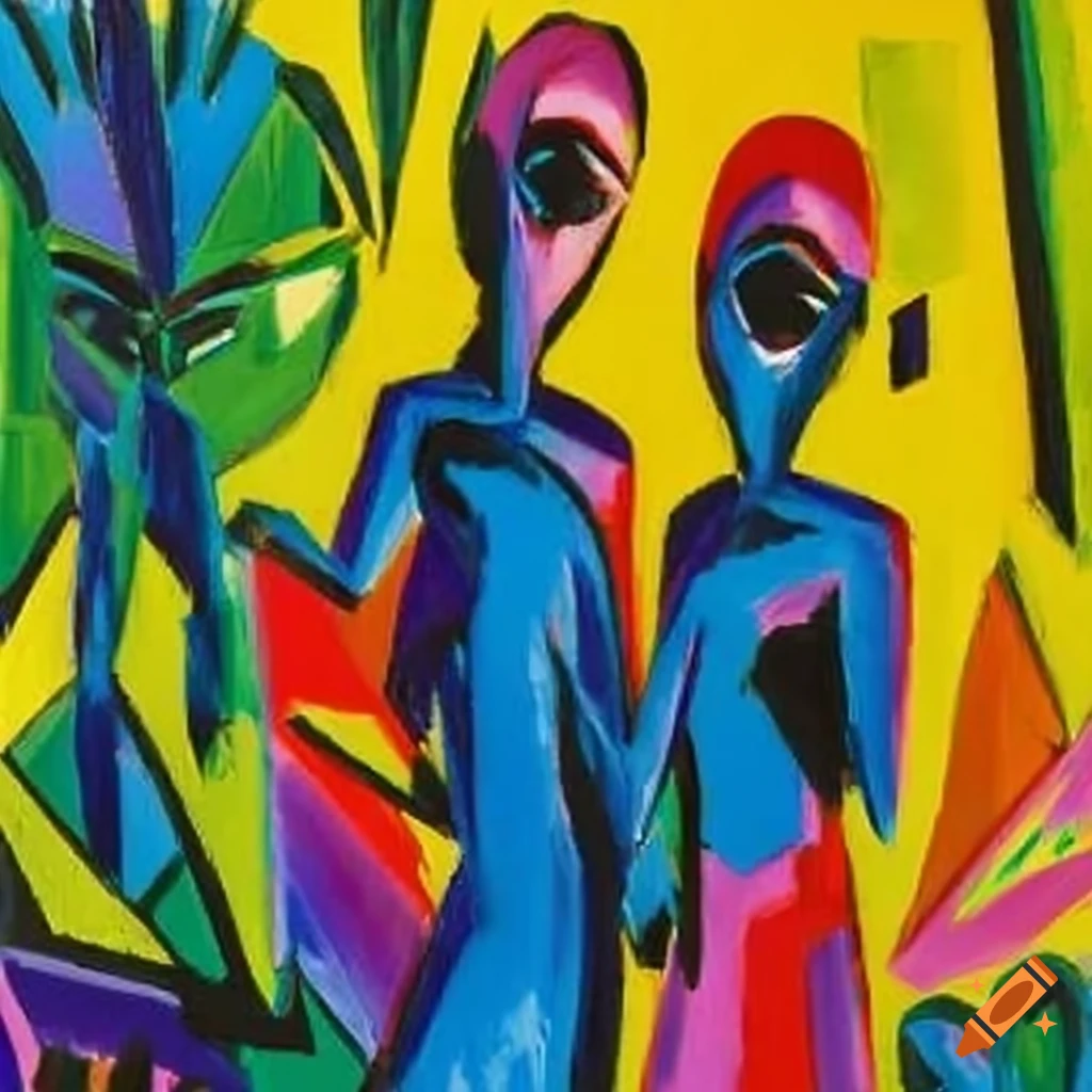 Abstract painting with vibrant colors and geometric crystal eye aliens ...