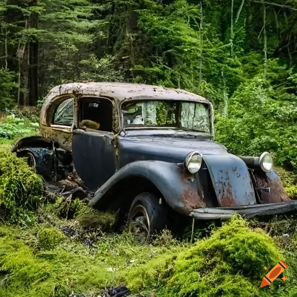 Post-apocalyptic photography of an abandoned car with moss and ...