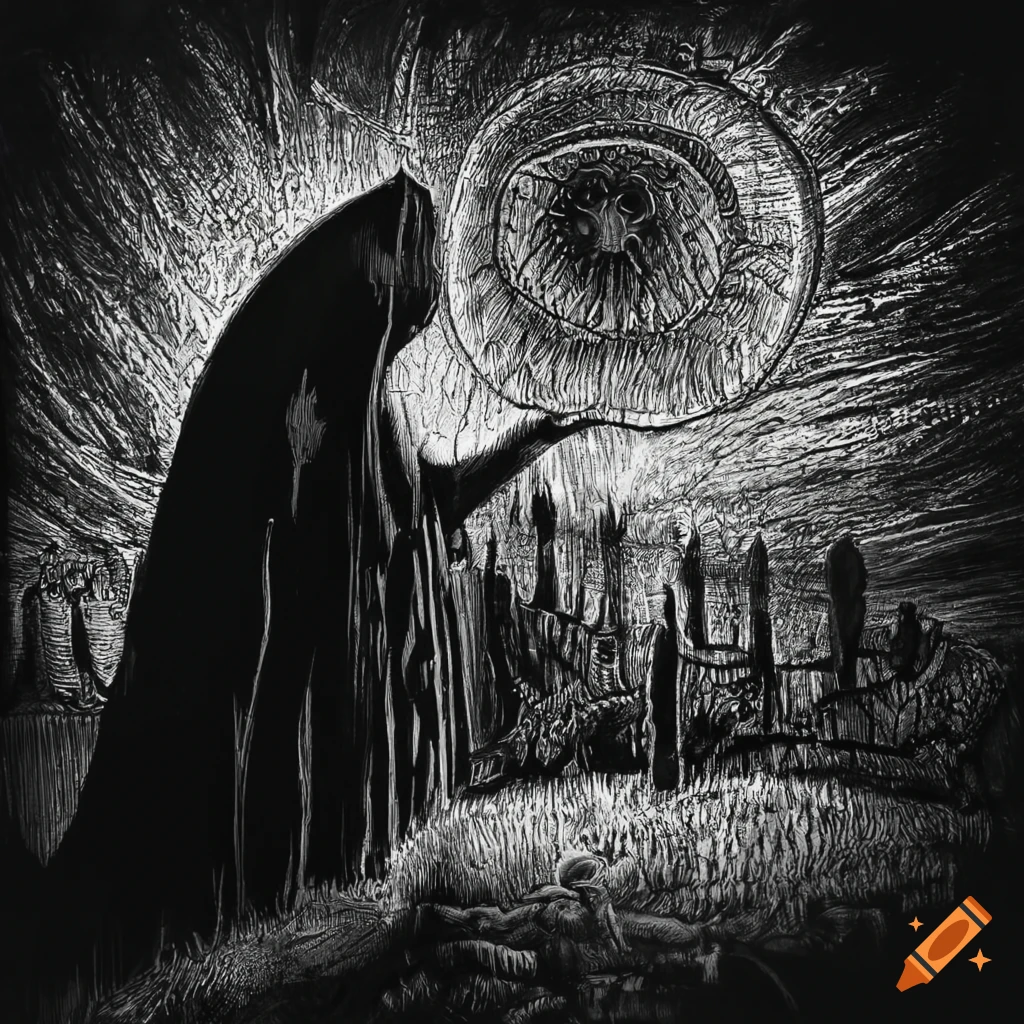 Detailed black and white drawing of a dark ages scene on Craiyon