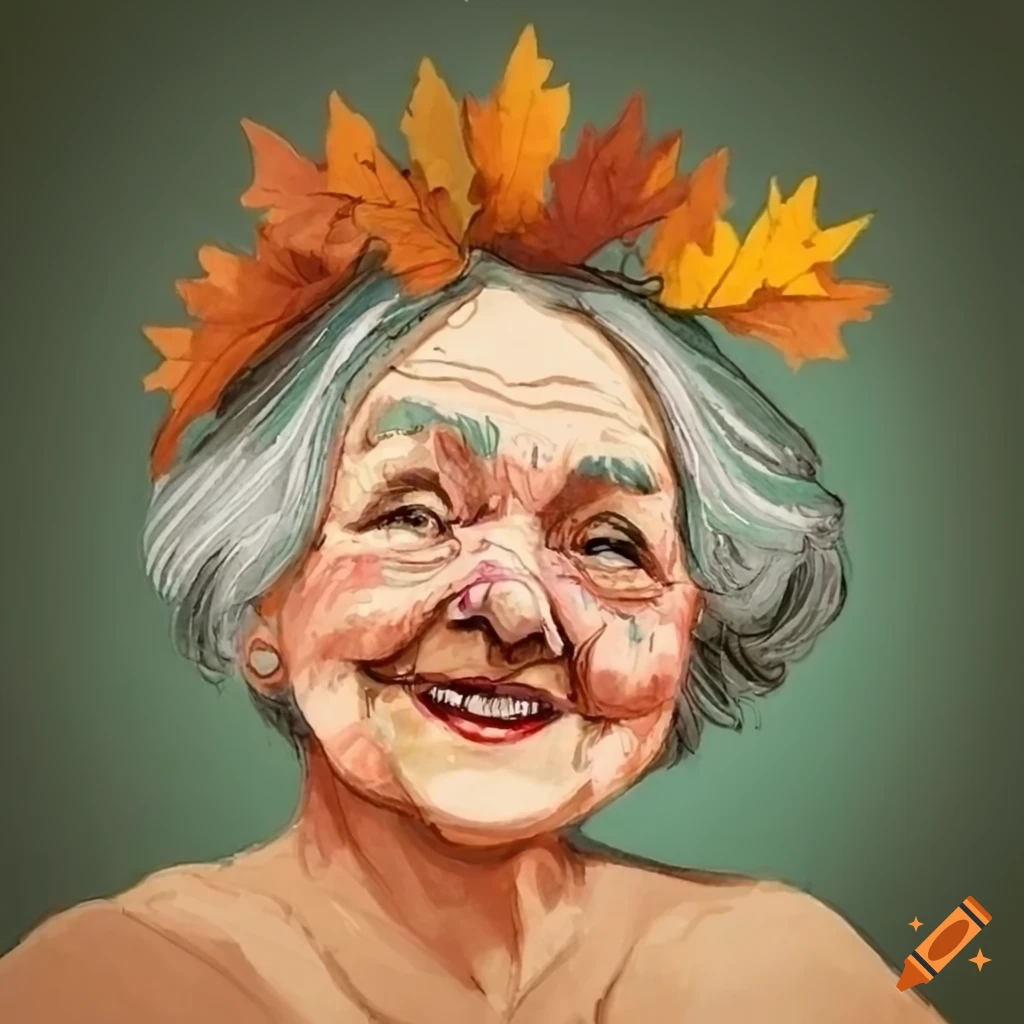 Watercolor painting of a cheerful old woman with autumn wreath on Craiyon
