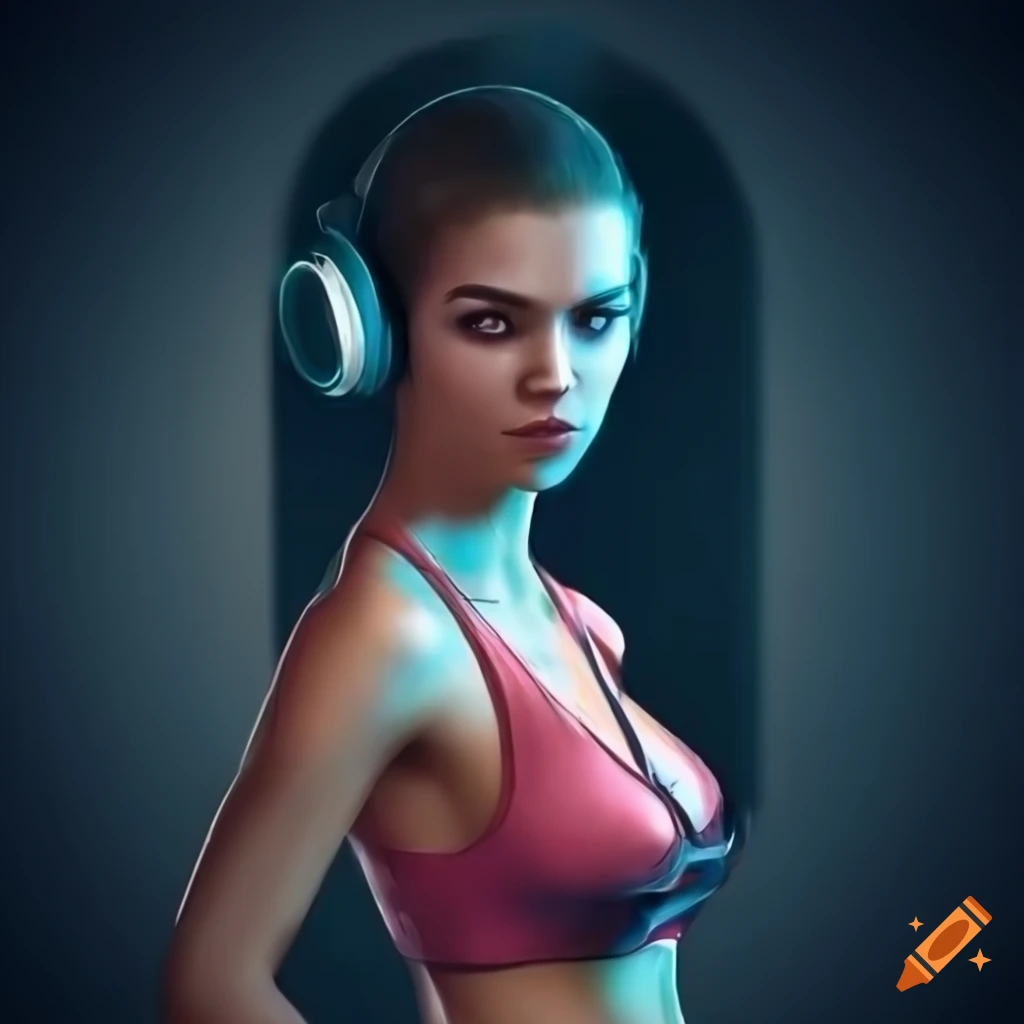 Photorealistic depiction of a woman with futuristic headphones and two ...