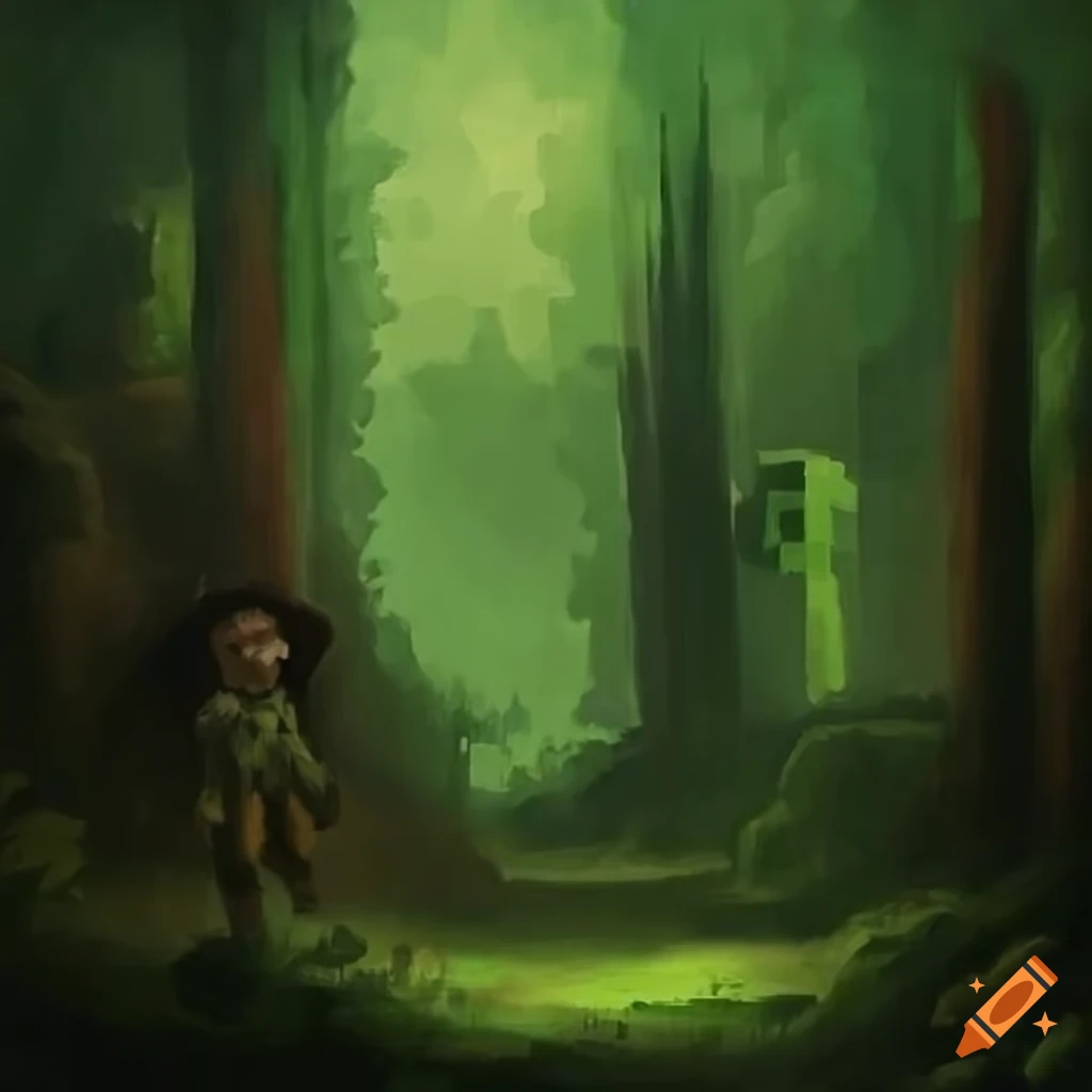 Rembrandt painting of a Minecraft Creeper in a forest on Craiyon