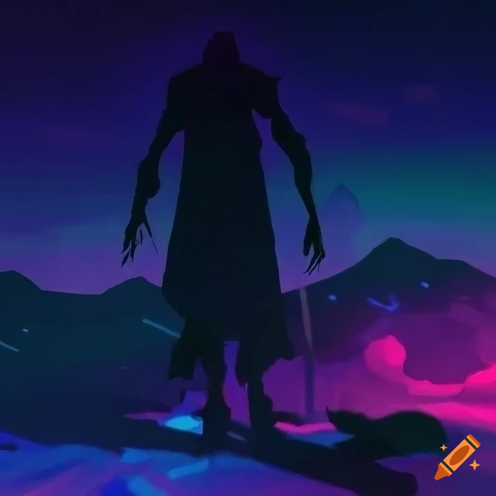 Creepy digital painting of a shadow figure over a tent at night on Craiyon