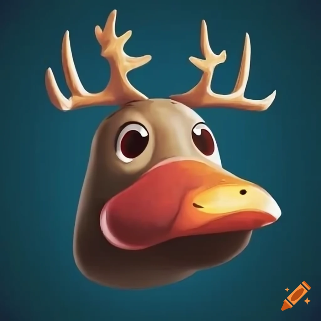 Funny image of a duck with moose antlers playing video games