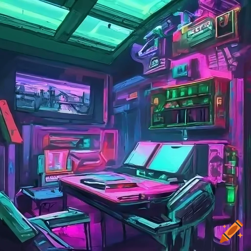 Detailed digital artwork of a cyberpunk computer room on Craiyon