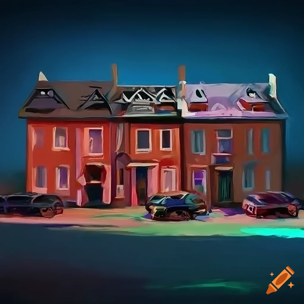 Detailed cyberpunk illustration of brick houses with parked cars on Craiyon
