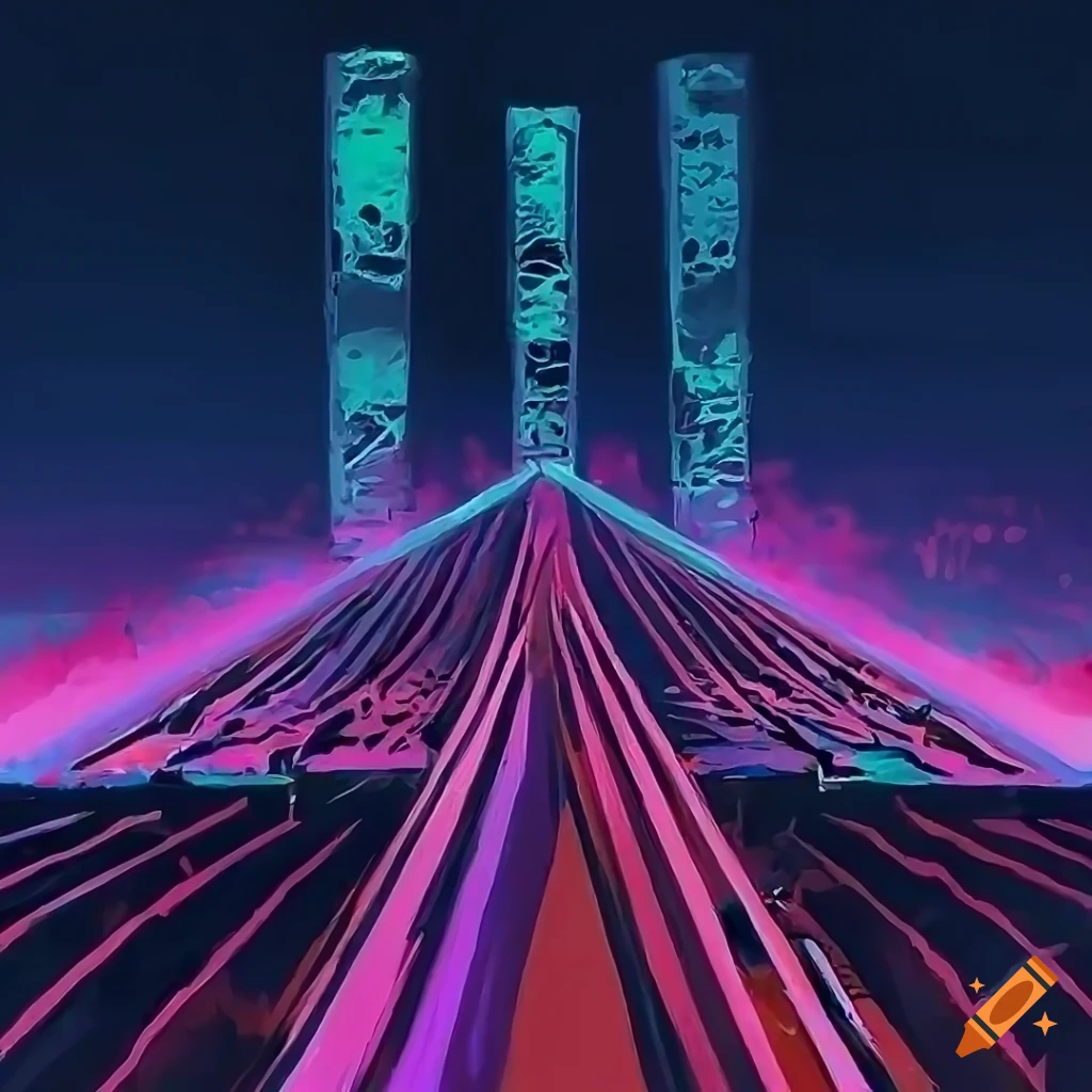 Cyberpunk digital painting of a tall brick bridge on Craiyon