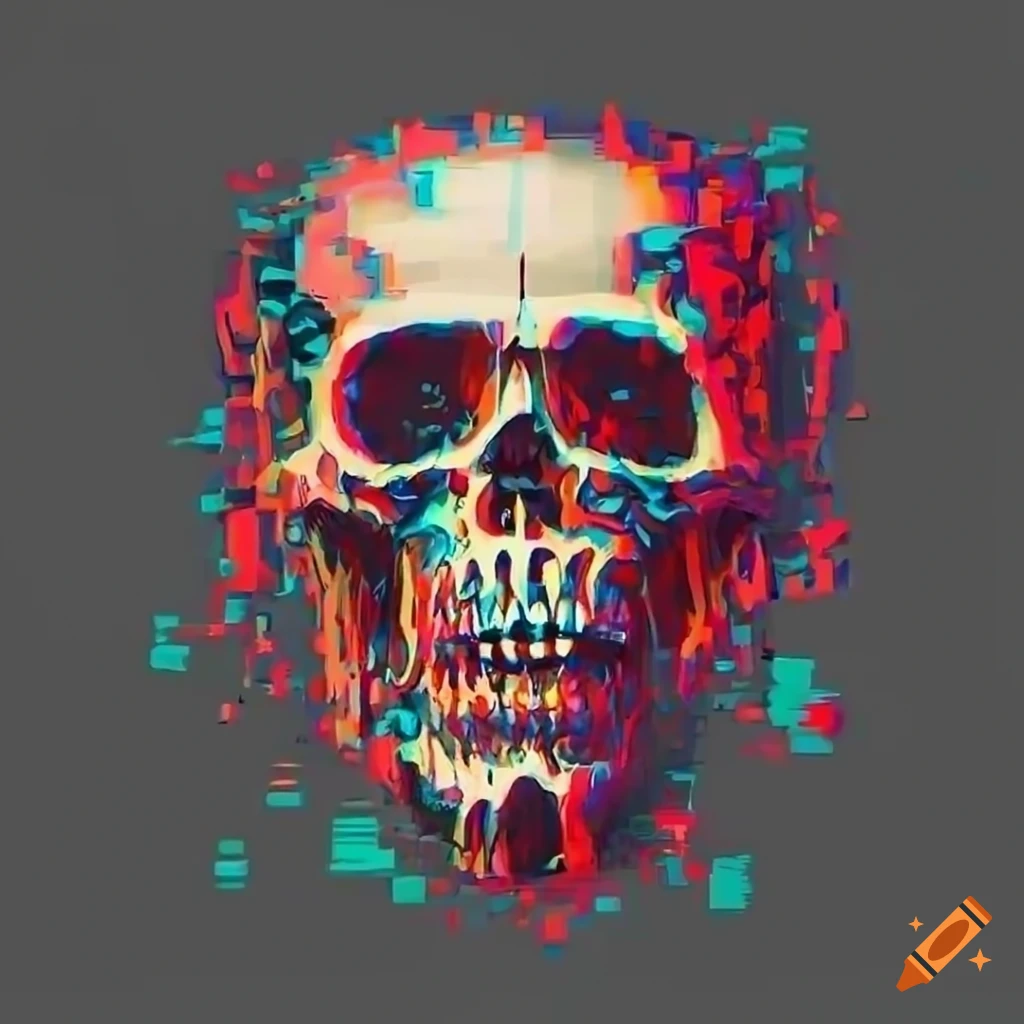 Distorted skull with glitch effects in Manuel Cetina style on Craiyon