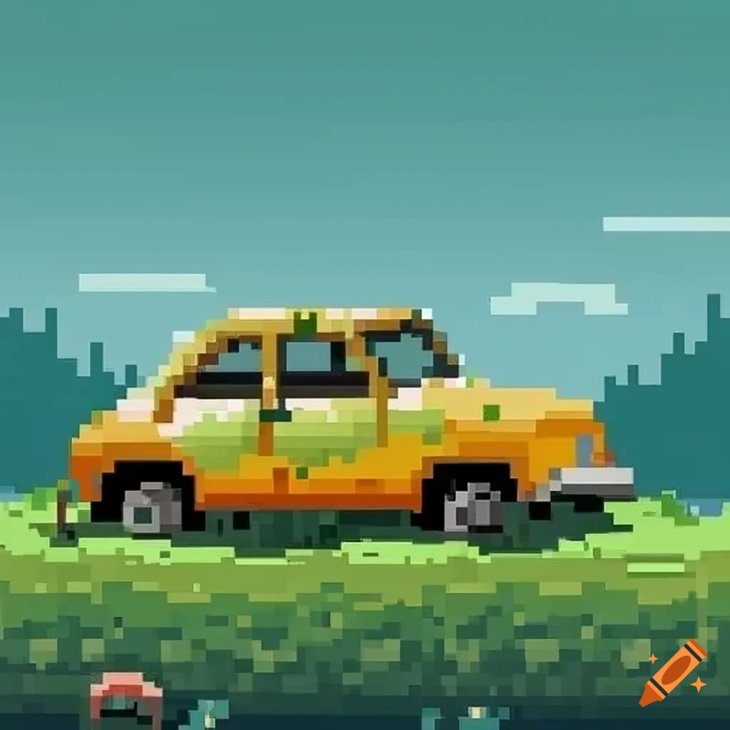 Pixel art of an abandoned car in a mossy forest on Craiyon