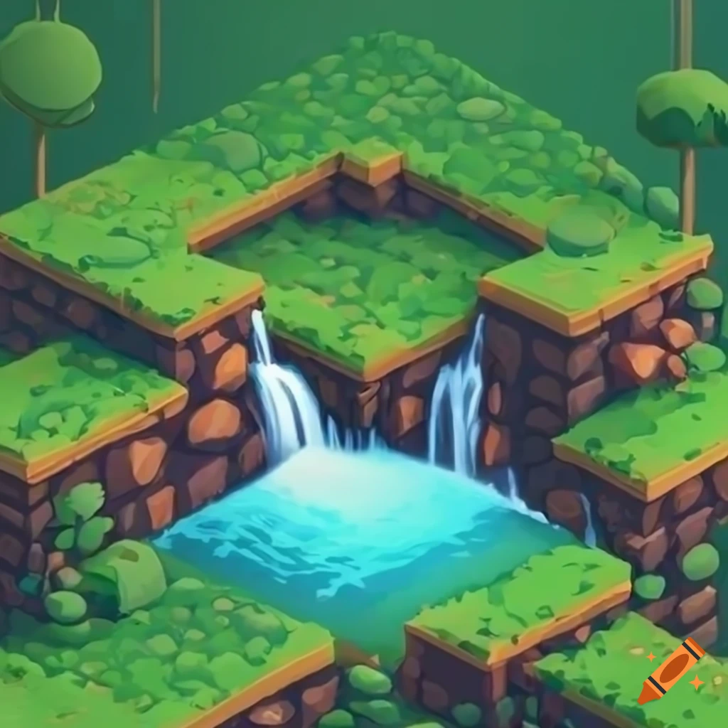 Isometric top-down waterfall in video game style on Craiyon