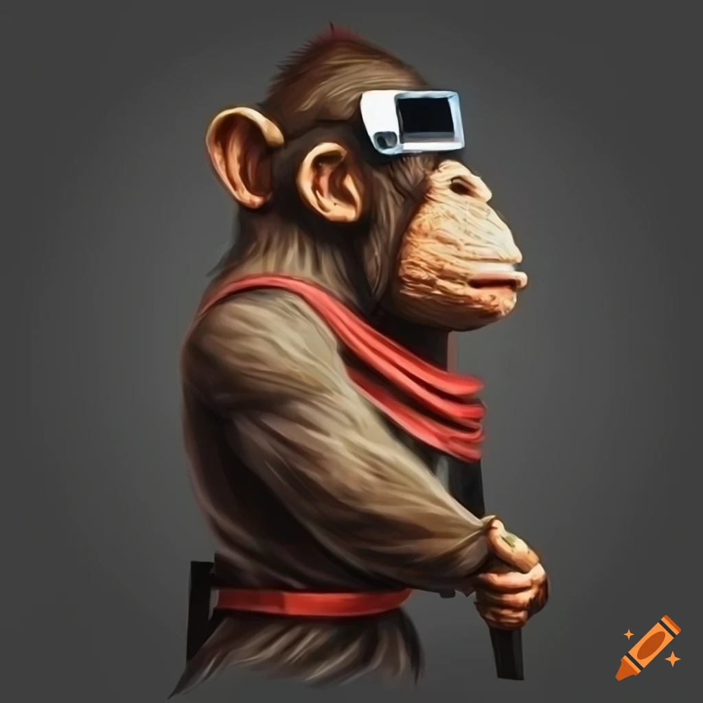 Portrait of a funny ninja samurai ape with 3d glasses and bazooka on ...