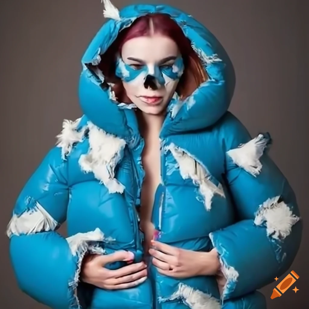 Woman Wearing A Torn Blue Super Puff Jacket With Halloween Theme On Craiyon