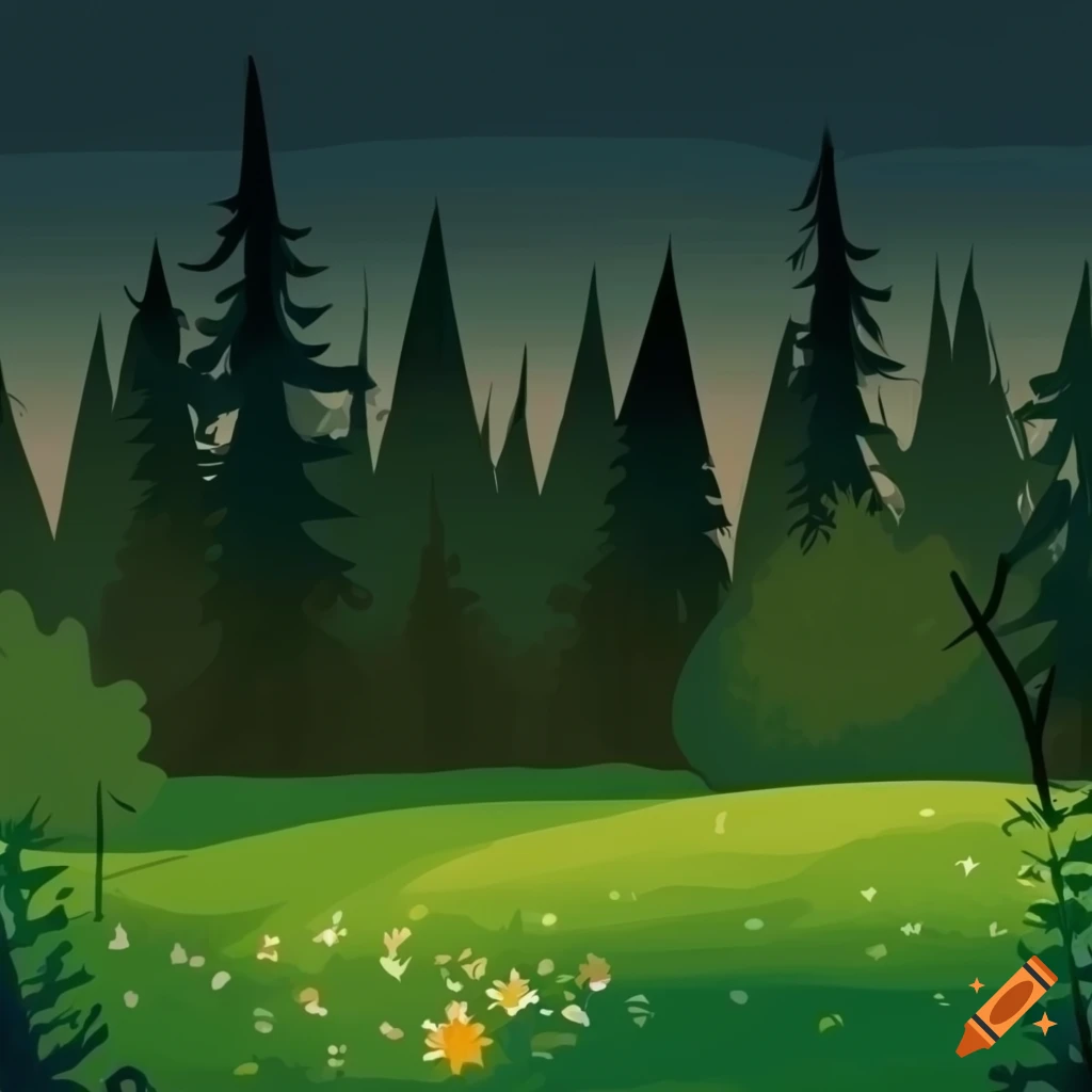 Cartoon illustration of an evening meadow with a dark forest on Craiyon