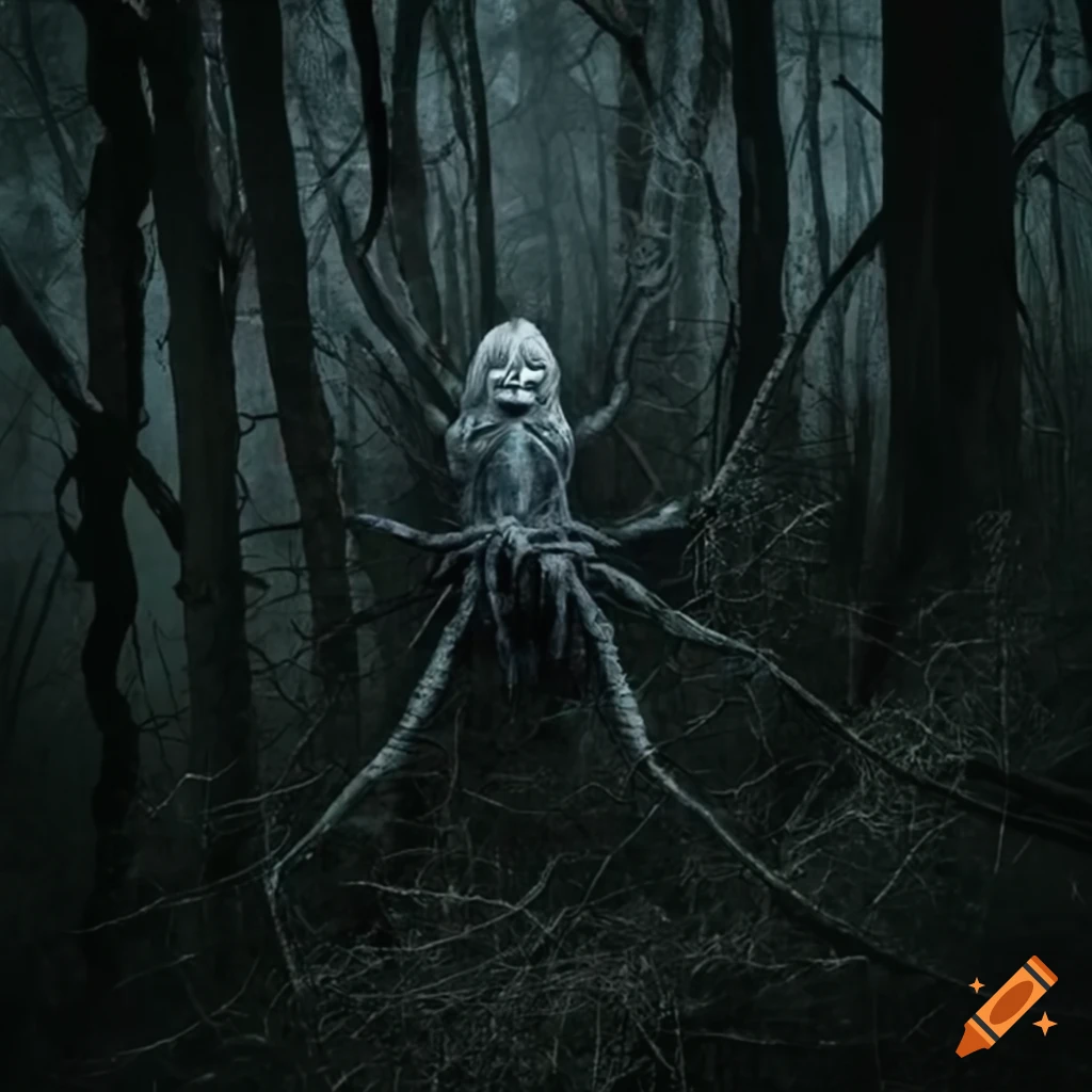 Illustration of a twisted old woman with spider-like limbs in a spooky ...