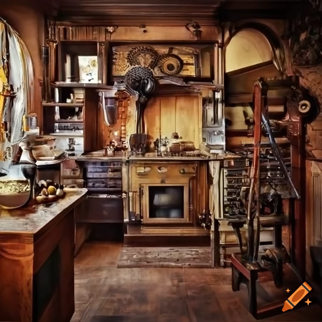 Steampunk-themed kitchen with unique cabinets on Craiyon