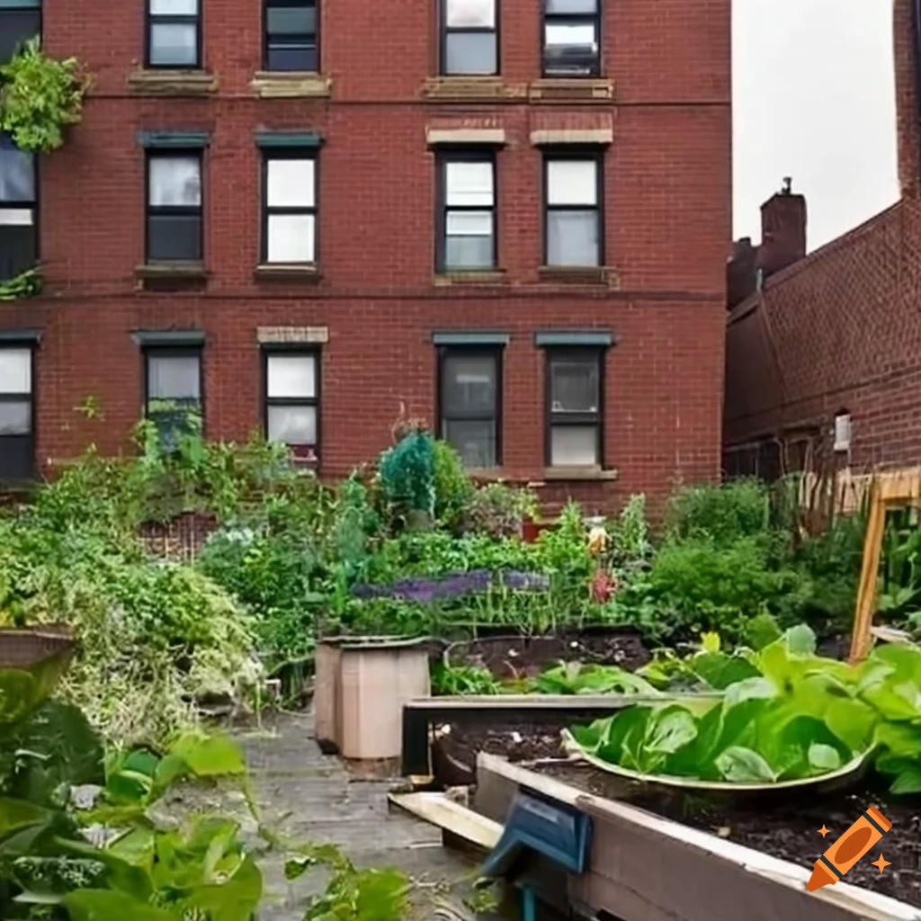 Urban community garden in brooklyn with wall garden on Craiyon