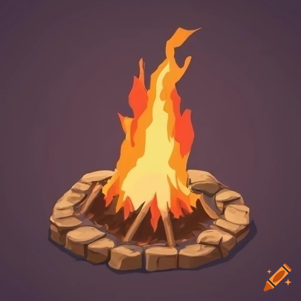 2d isometric game art of a bonfire surrounded by stones and logs on Craiyon