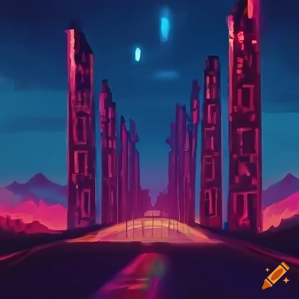 Colorful cyberpunk bridge in a digital painting on Craiyon