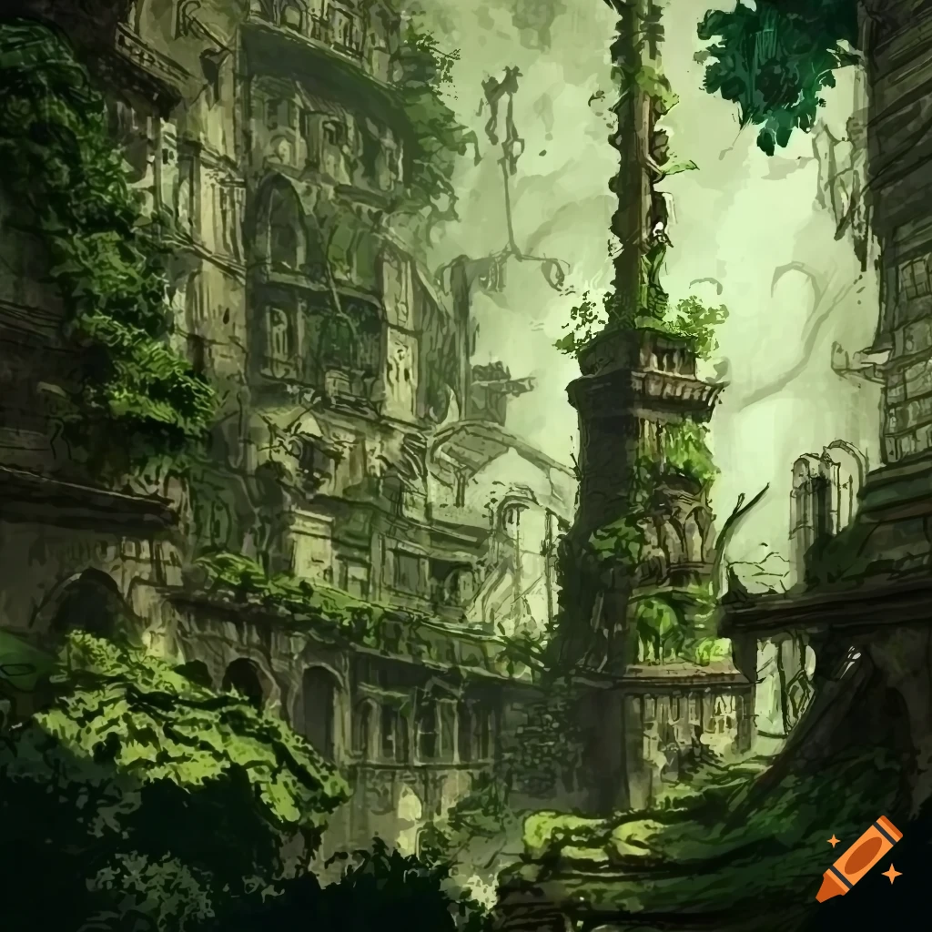 Panoramic view of a steampunk city overgrown by jungle on Craiyon