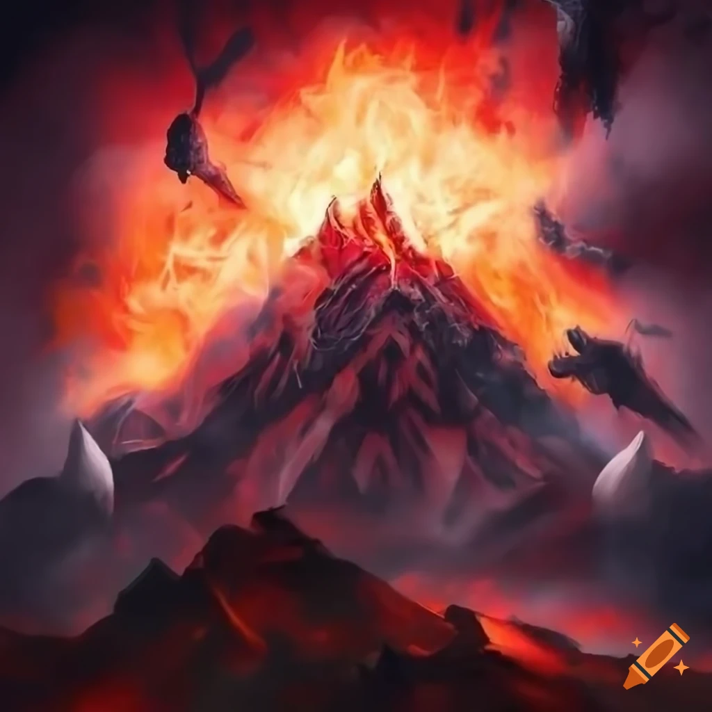 Artwork of a fiery white and red orc in volcanic mountains on Craiyon