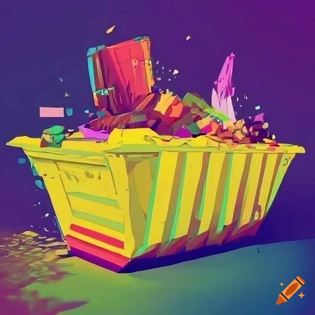 Colorful acrylic artwork of a yellow skip container on Craiyon