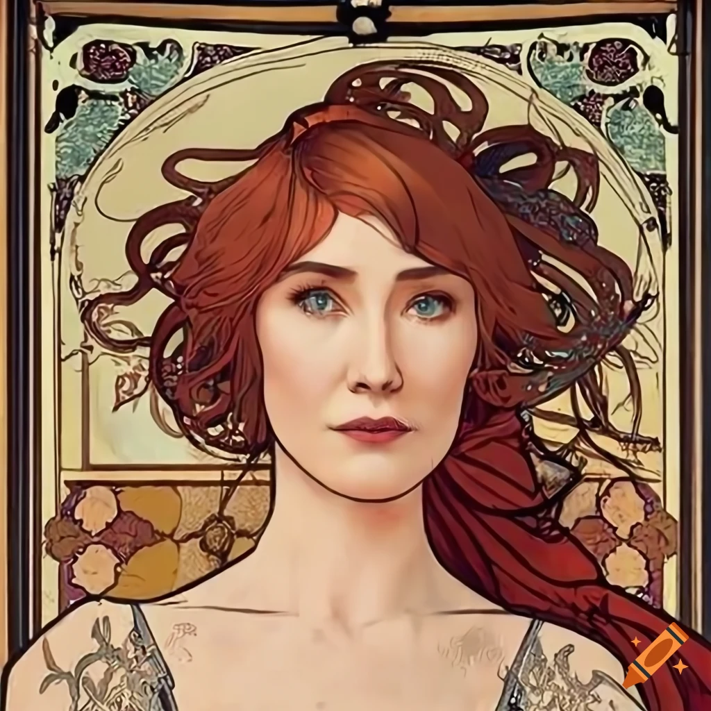 Art nouveau poster of Carice van Houten in Alfons Mucha style on Craiyon
