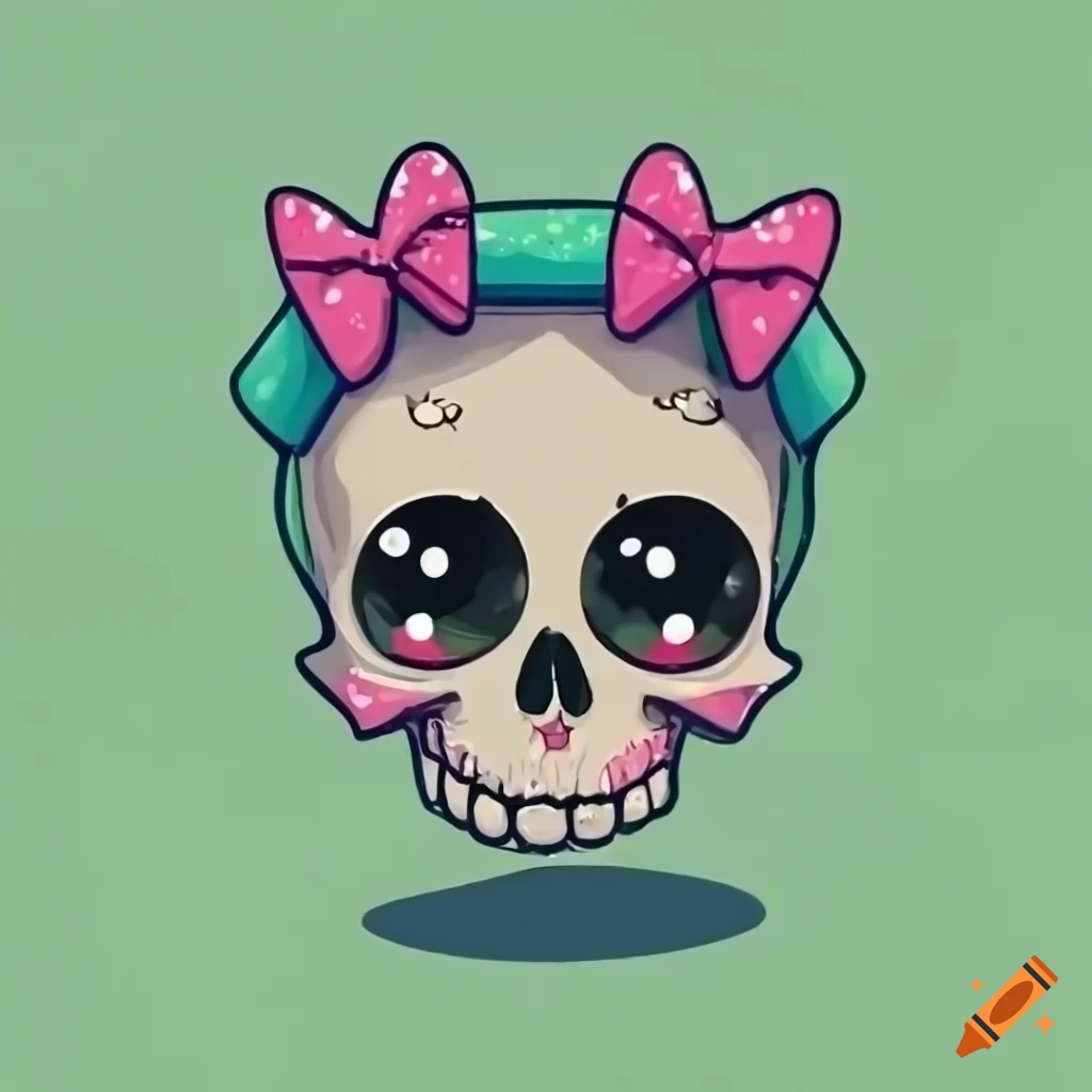 Green and rainbow kawaii graphic with an emo skull and pink bow on Craiyon