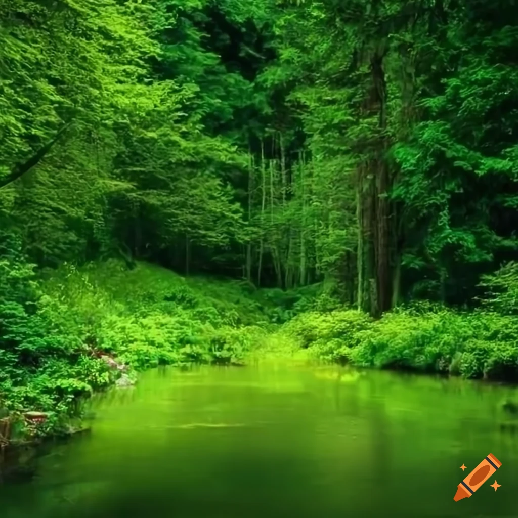 View of a green forest from a garden with a river on Craiyon
