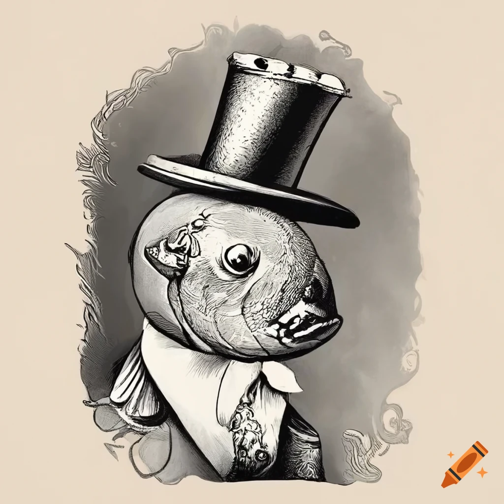 Vintage black and white artwork of a fish dressed as a butler on Craiyon