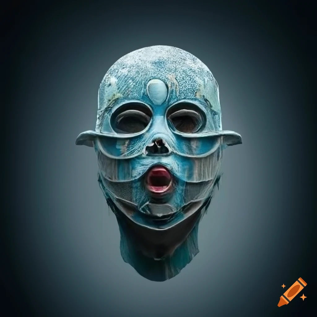 Surrealist collage of a complex machine mask on Craiyon