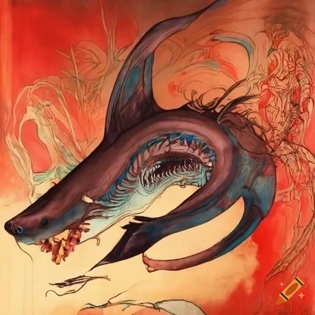 Yoshitaka amano-inspired mythical shark artwork on Craiyon