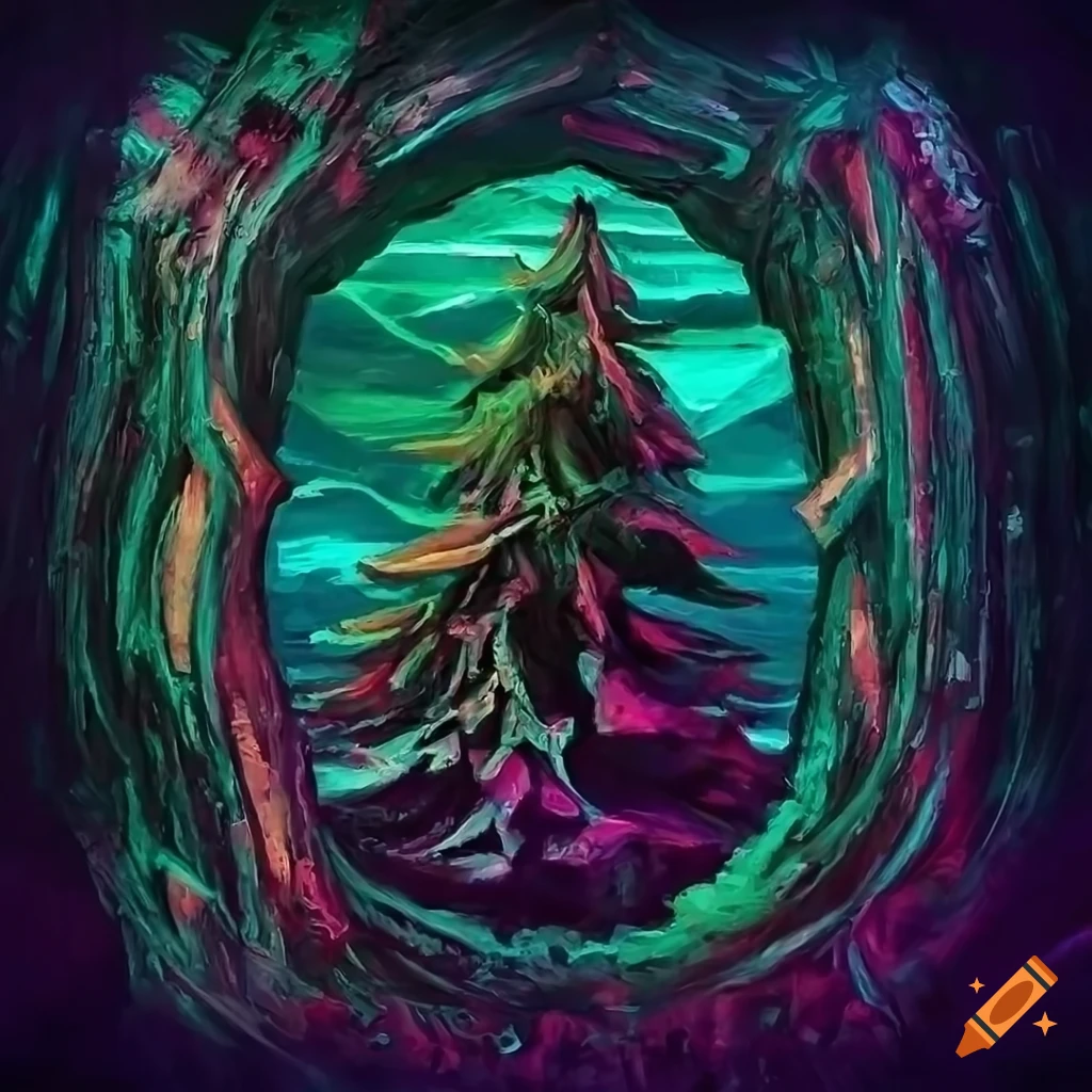 Cyberpunk digital illustration of a tree trunk with carved rune on Craiyon