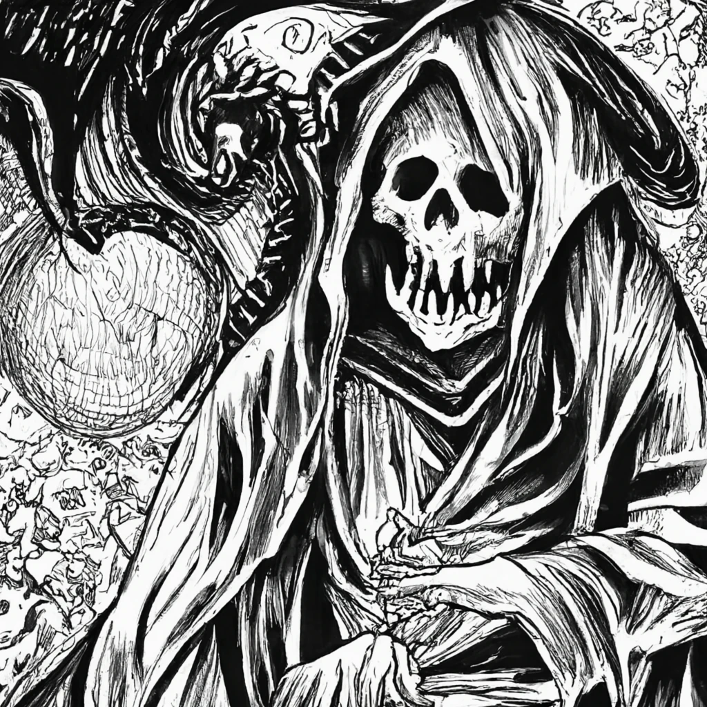 Black and white ink drawing of a creepy grim reaper on Craiyon
