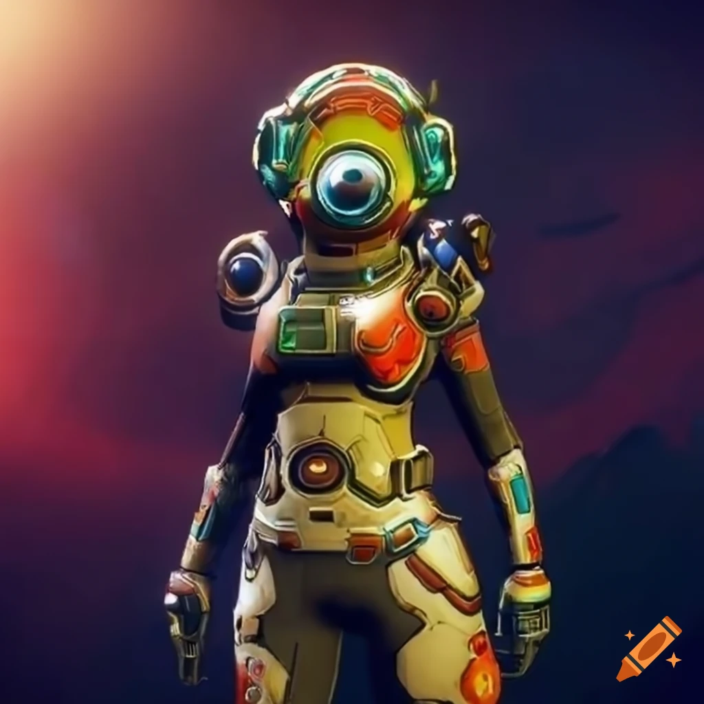 Female soldier with colourful jewelled armour in No Man's Sky on Craiyon