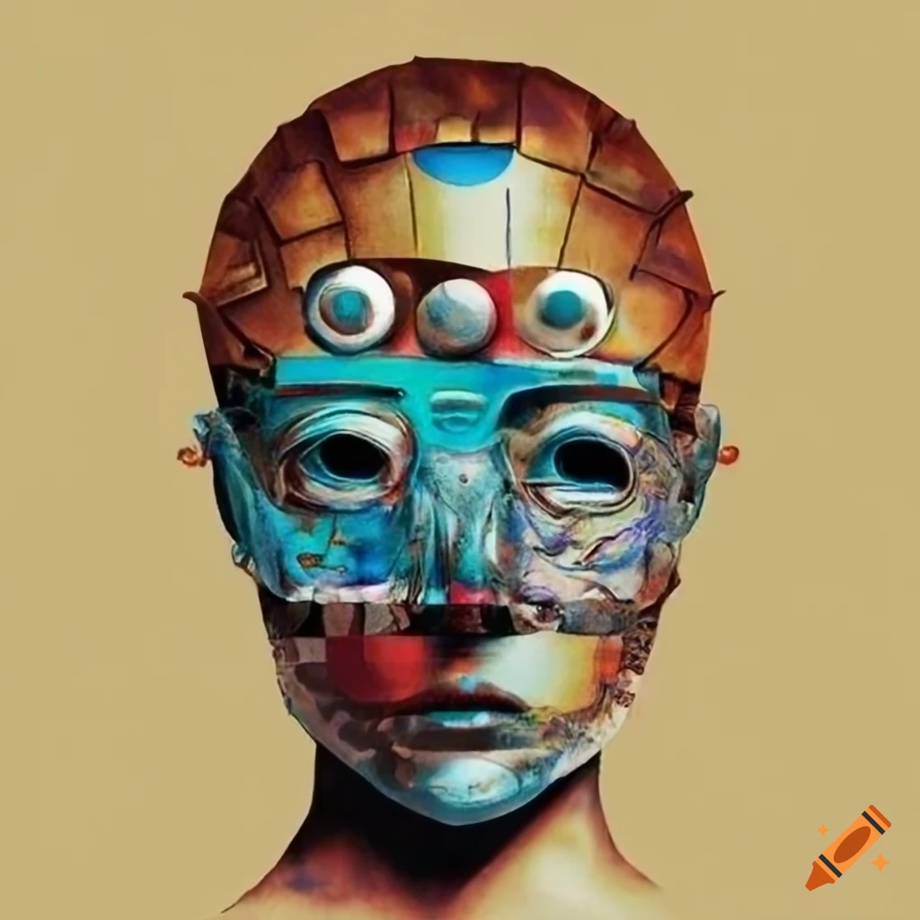 Collage artwork of a complex machine mask on Craiyon