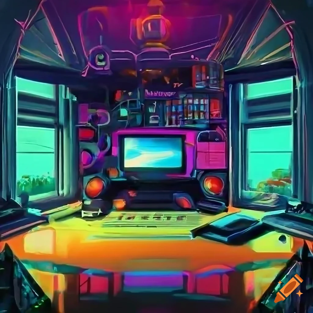 Vibrant digital painting of a highly detailed computer room on Craiyon