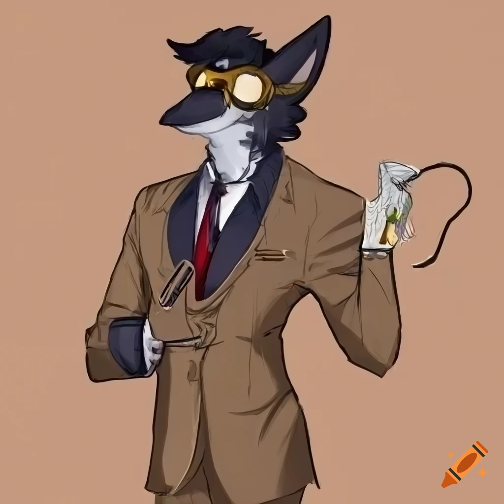 Anthro crow fursona in tan suit and aviator glasses on Craiyon