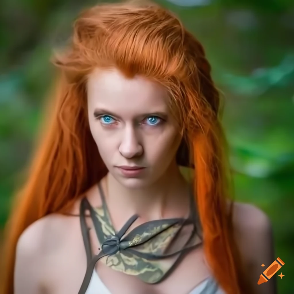 Close up of a fierce ginger-haired warrior woman with a long bow on Craiyon