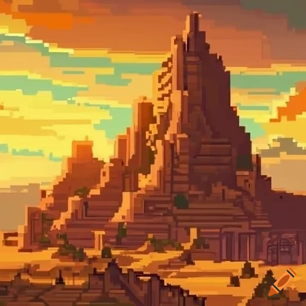Pixel art landscape with mountains and a temple