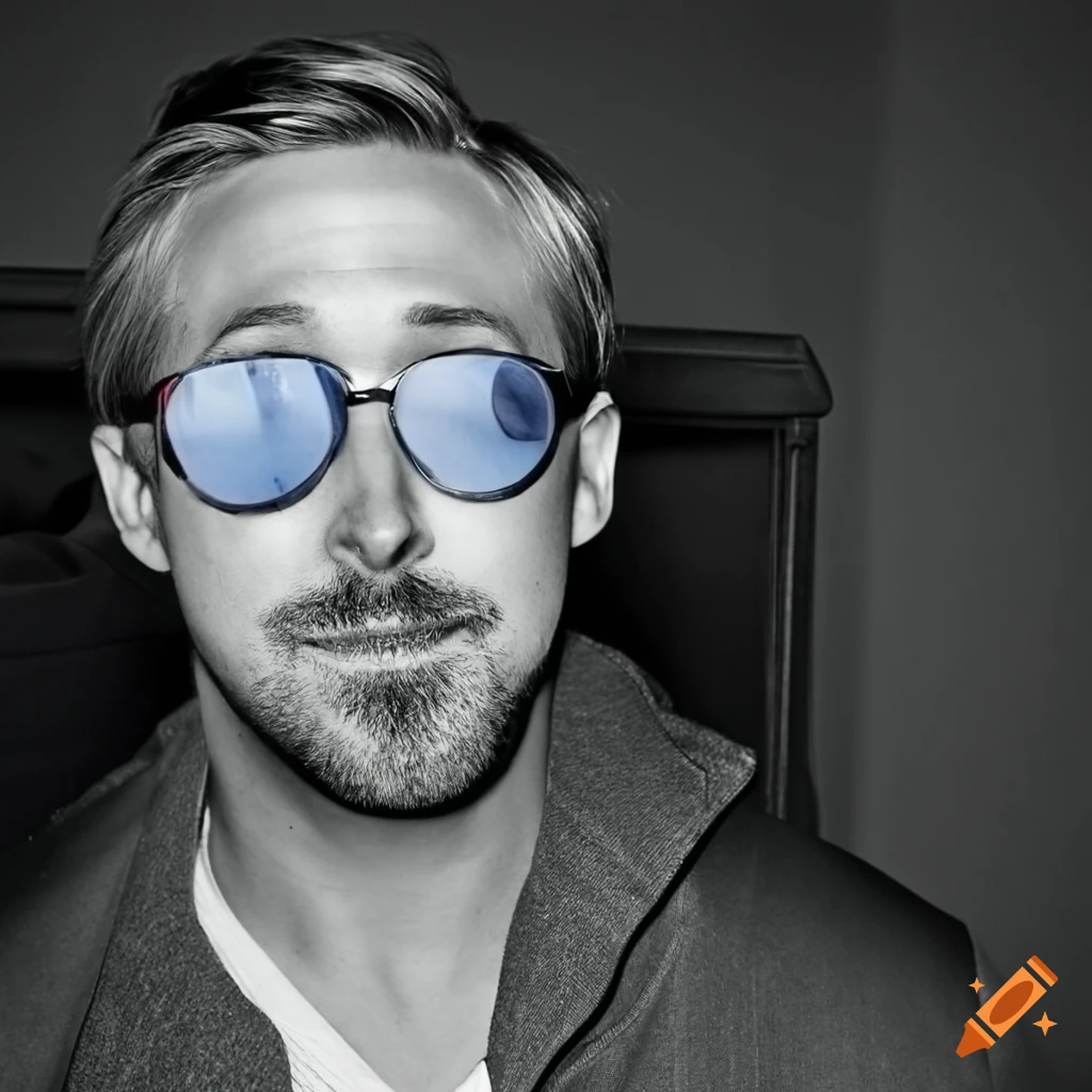 Monochrome portrait of ryan gosling with heart-shaped sunglasses on Craiyon