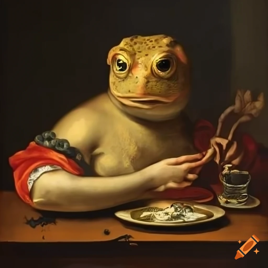Baroque painting of a toad king at a dining table on Craiyon