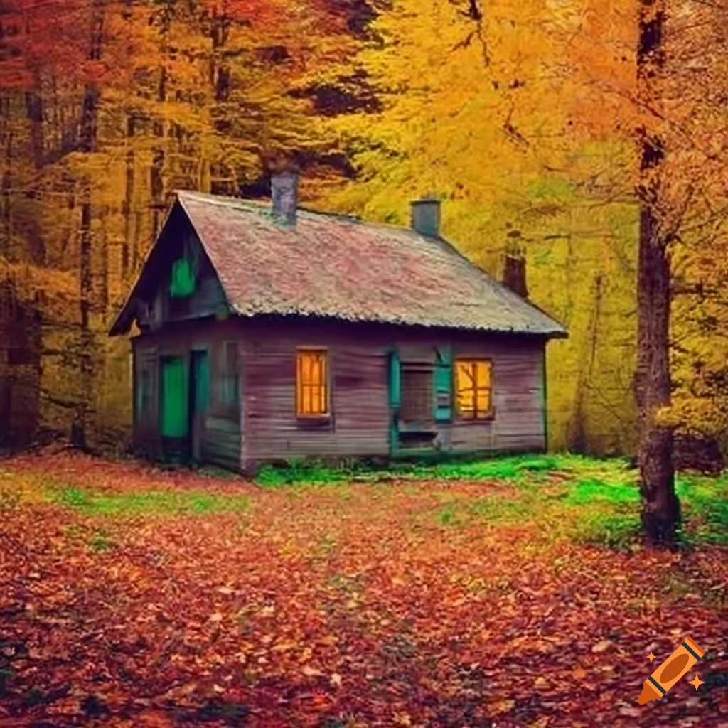 Colorful autumn forest with an old house on Craiyon
