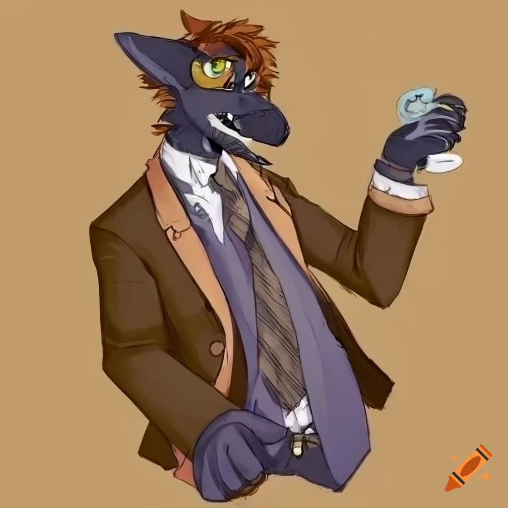 Anthro crow fursona in tan suit and aviator glasses on Craiyon