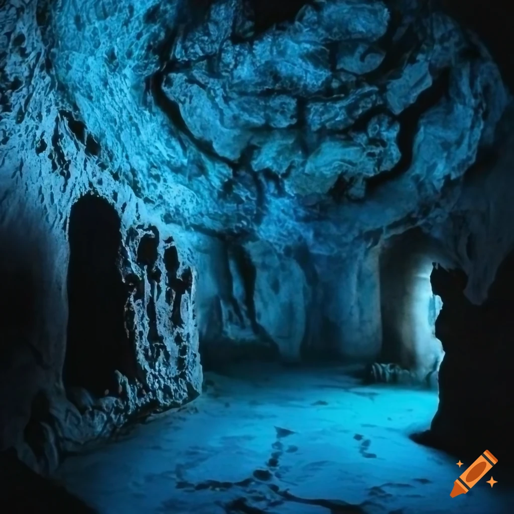 View of a crypt altar from below with blue night lighting on Craiyon