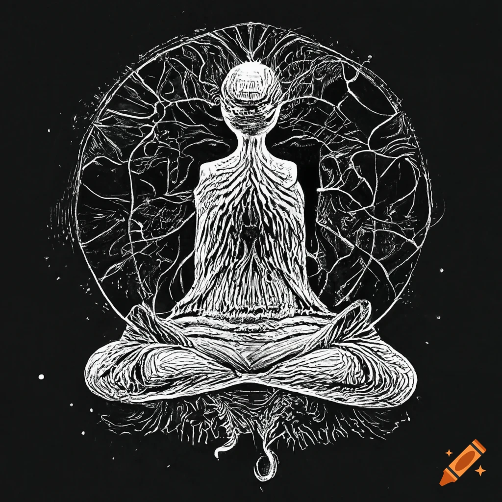 Black and white etching of a cosmic entity meditating on Craiyon
