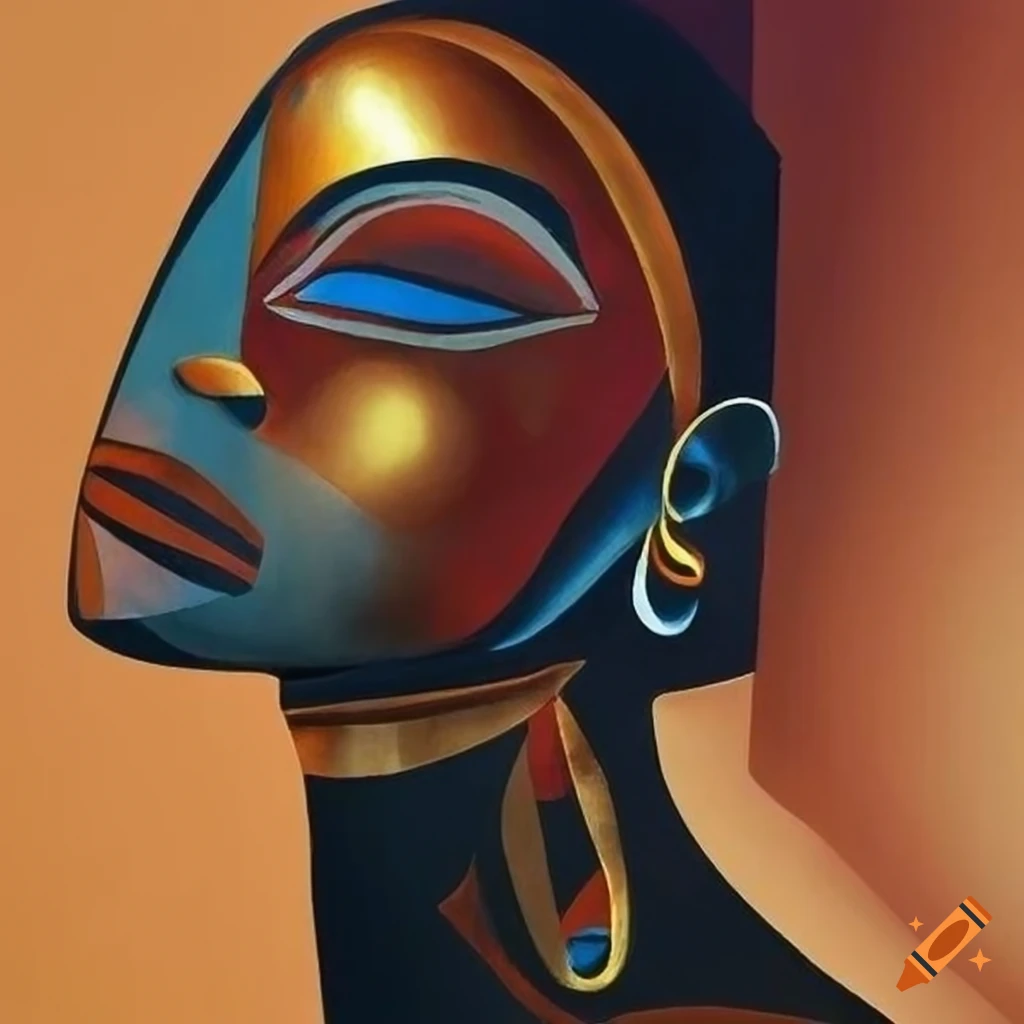 Surreal artwork depicting faceless african tribe in gold and black ...